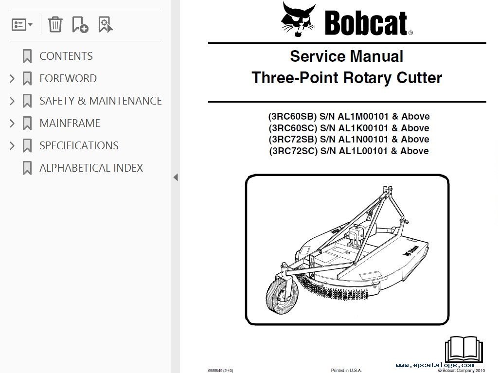 Bobcat 3RC60/SB/SC 3RC70 3RC72SB/SC Rotary Cutter PDF