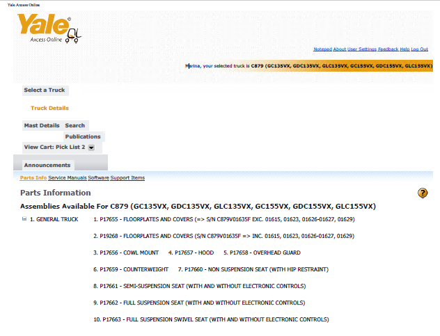YALE C879 (GC/GDC/GLC135/155VX) Parts Information PDF